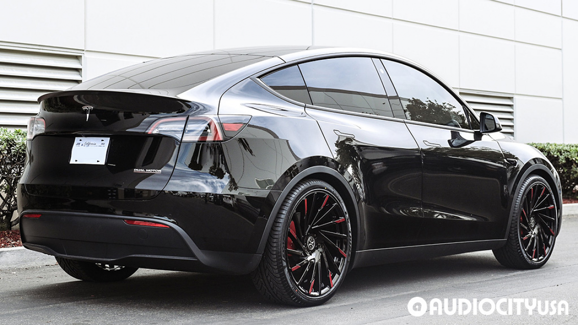 2022 Tesla Model Y on 22" Xcess Wheels X02 Gloss Black with Red Tips ...
