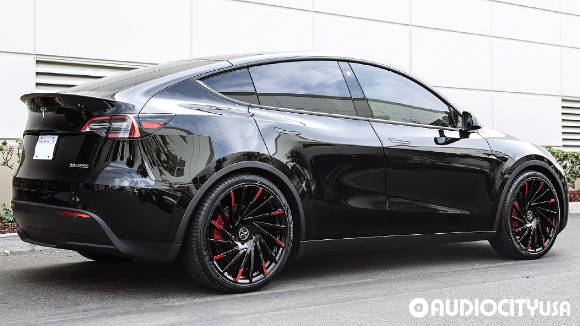 2022 Tesla Model Y on 22" Xcess Wheels X02 Gloss Black with Red Tips ...